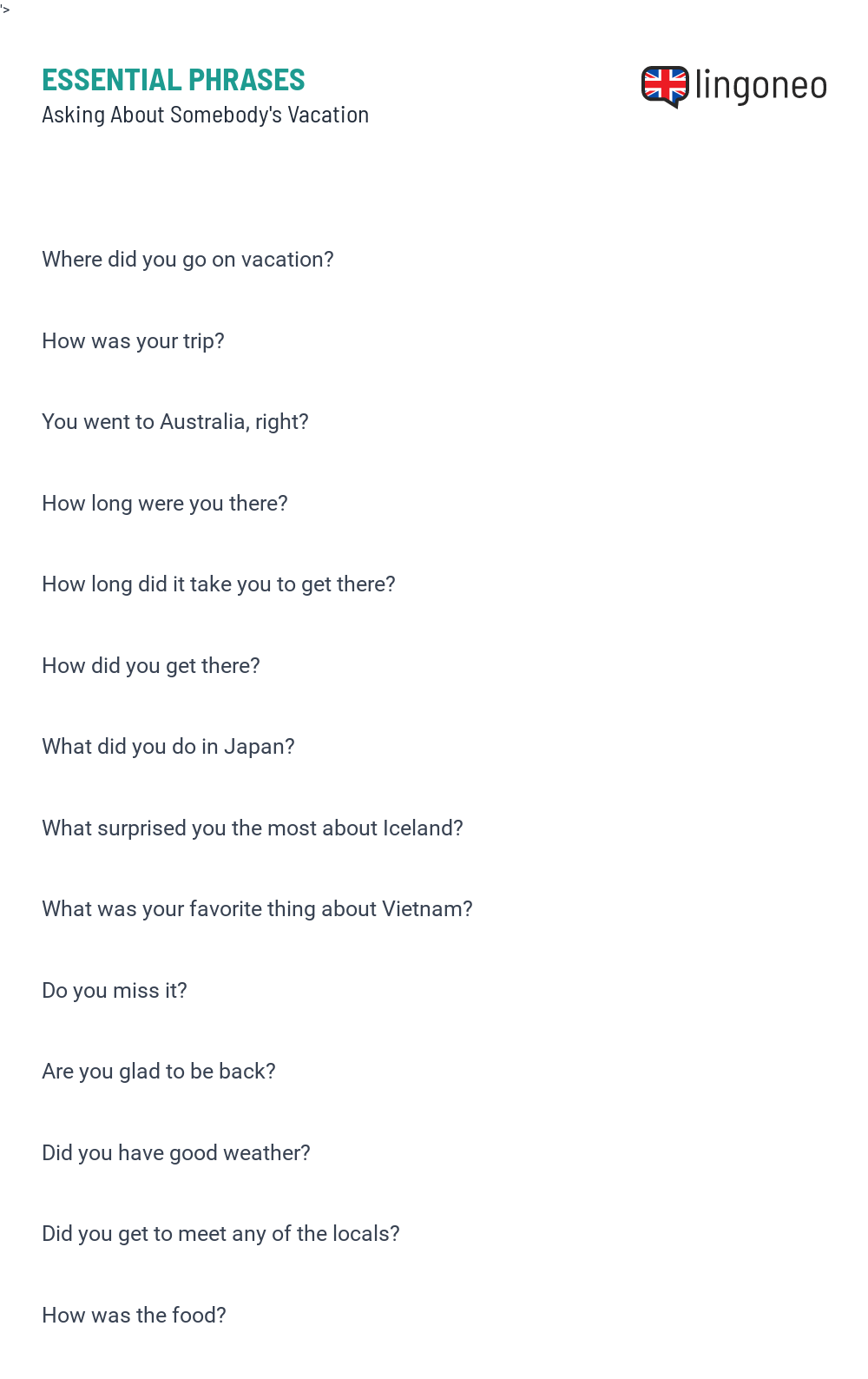 How do I talk about my last vacation? Essential English sentences ...